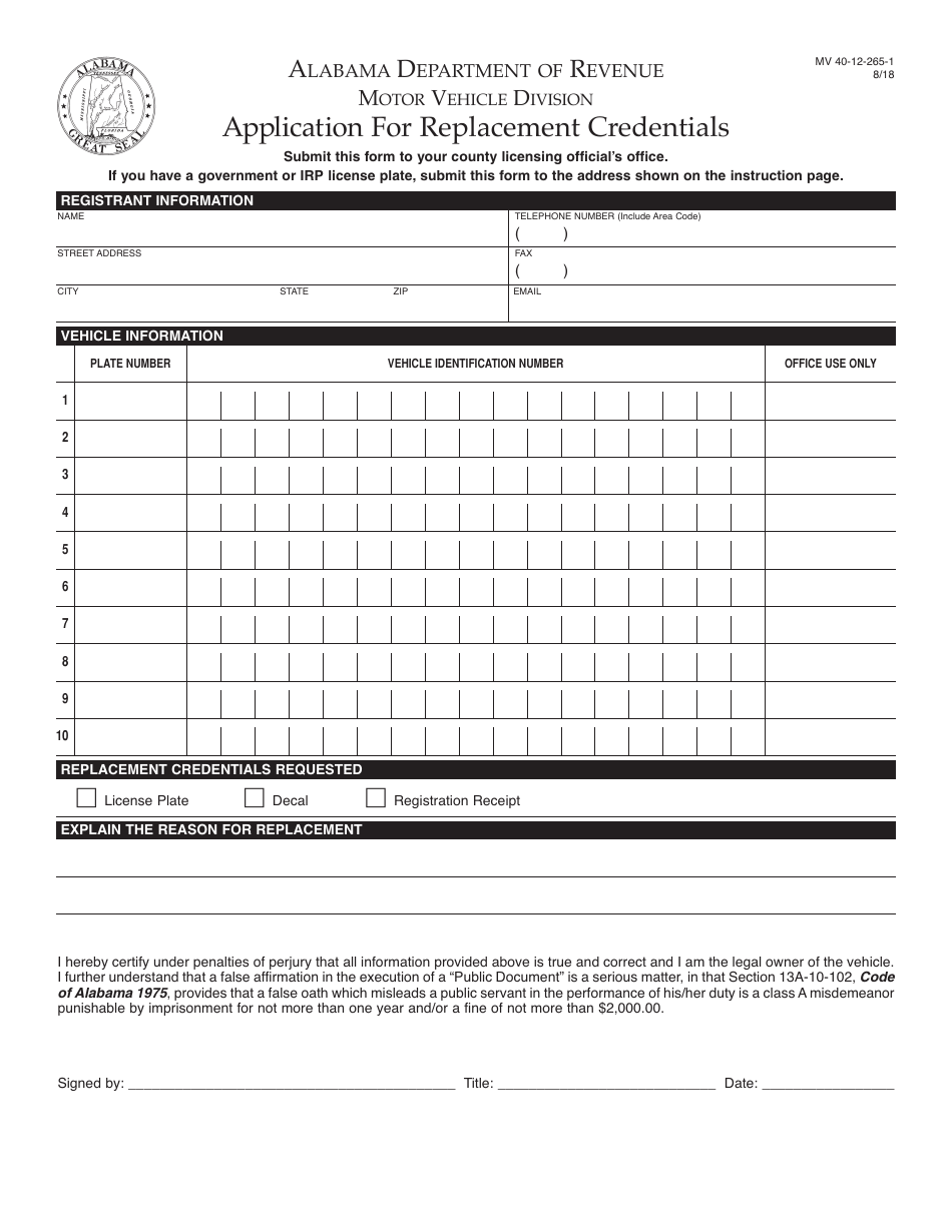 Form MV40-12-265-1 - Fill Out, Sign Online and Download Printable PDF ...