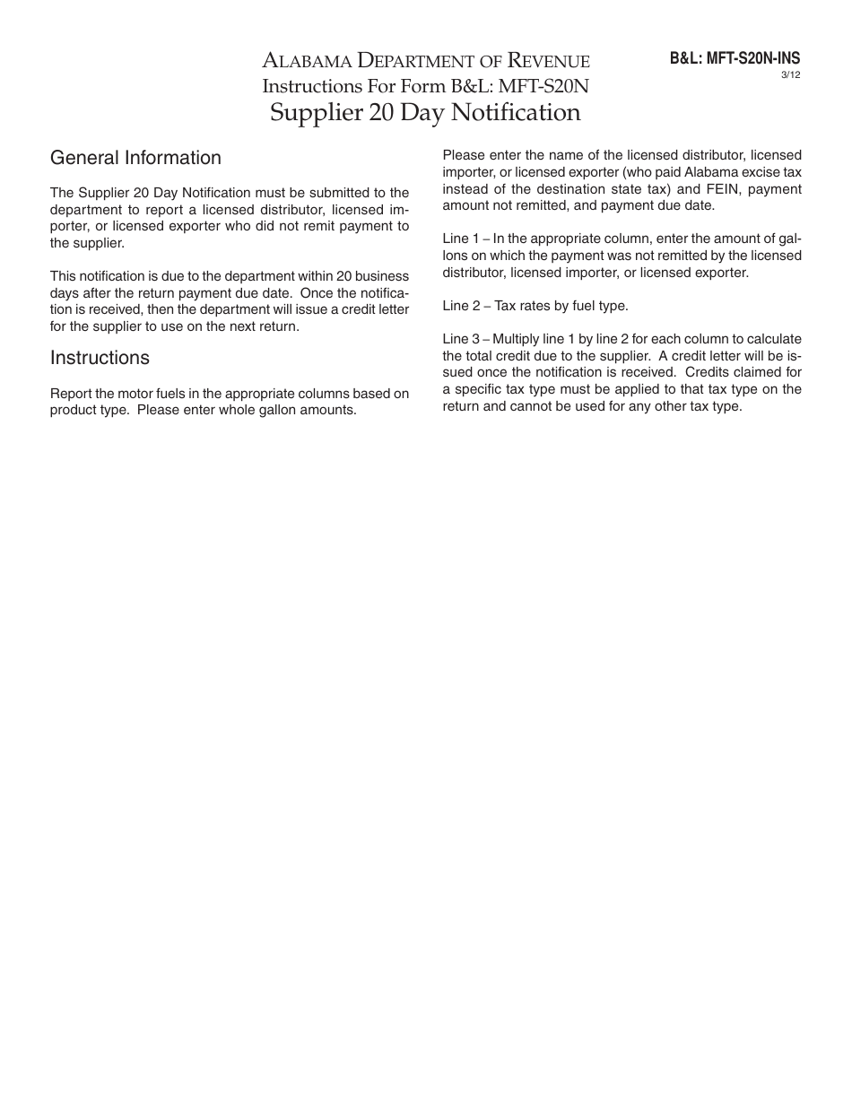 Download Instructions for Form B&L: MFT-S20N Supplier 20 Day ...