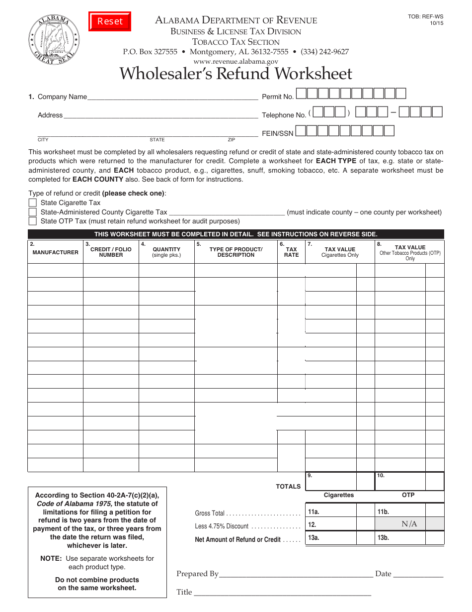 Form TOB: REF-WS - Fill Out, Sign Online and Download Fillable PDF ...