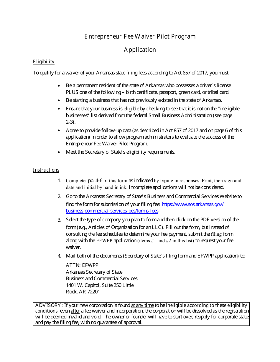 Arkansas Entrepreneur Fee Waiver Pilot Program Application Form - Fill ...