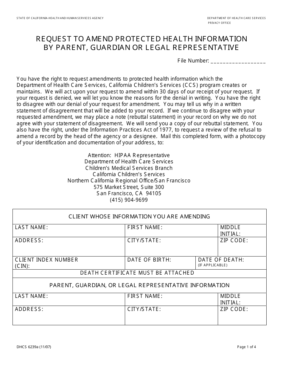 Form DHCS6239A - Fill Out, Sign Online and Download Fillable PDF, City ...