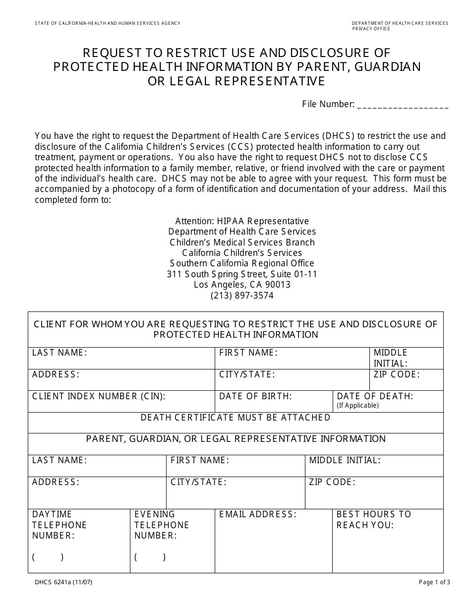 Form DHCS6241A - Fill Out, Sign Online and Download Fillable PDF, City ...