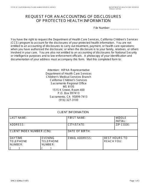 Form Dhcs6244a Download Fillable Pdf Or Fill Online Request For An