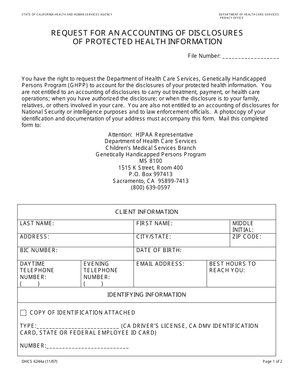Form DHCS6244A - Fill Out, Sign Online and Download Fillable PDF, City ...