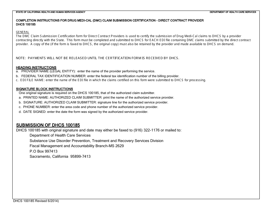 Download Instructions for Form DHCS100185 Drug Medi-Cal (Dmc) Claim ...