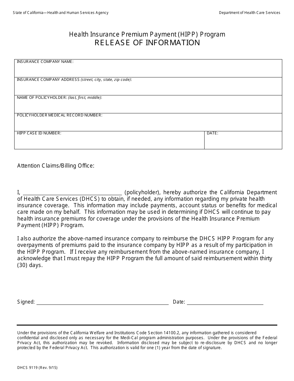 Form DHCS9119 - Fill Out, Sign Online and Download Printable PDF ...
