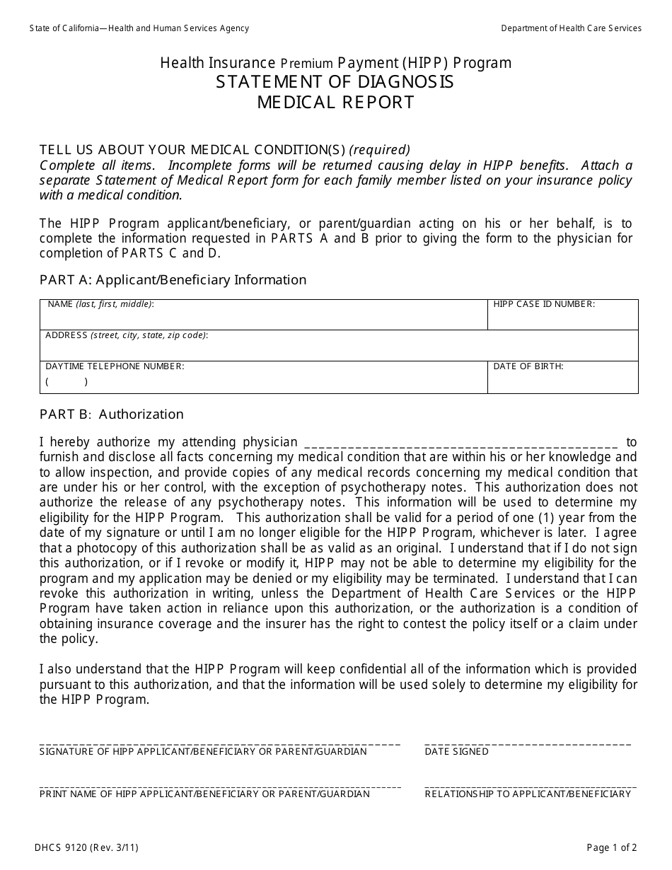 Form DHCS9120 - Fill Out, Sign Online and Download Fillable PDF ...