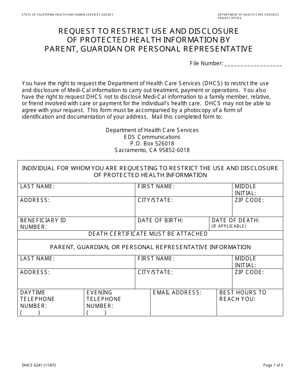 Form DHCS6241 - Fill Out, Sign Online and Download Fillable PDF ...
