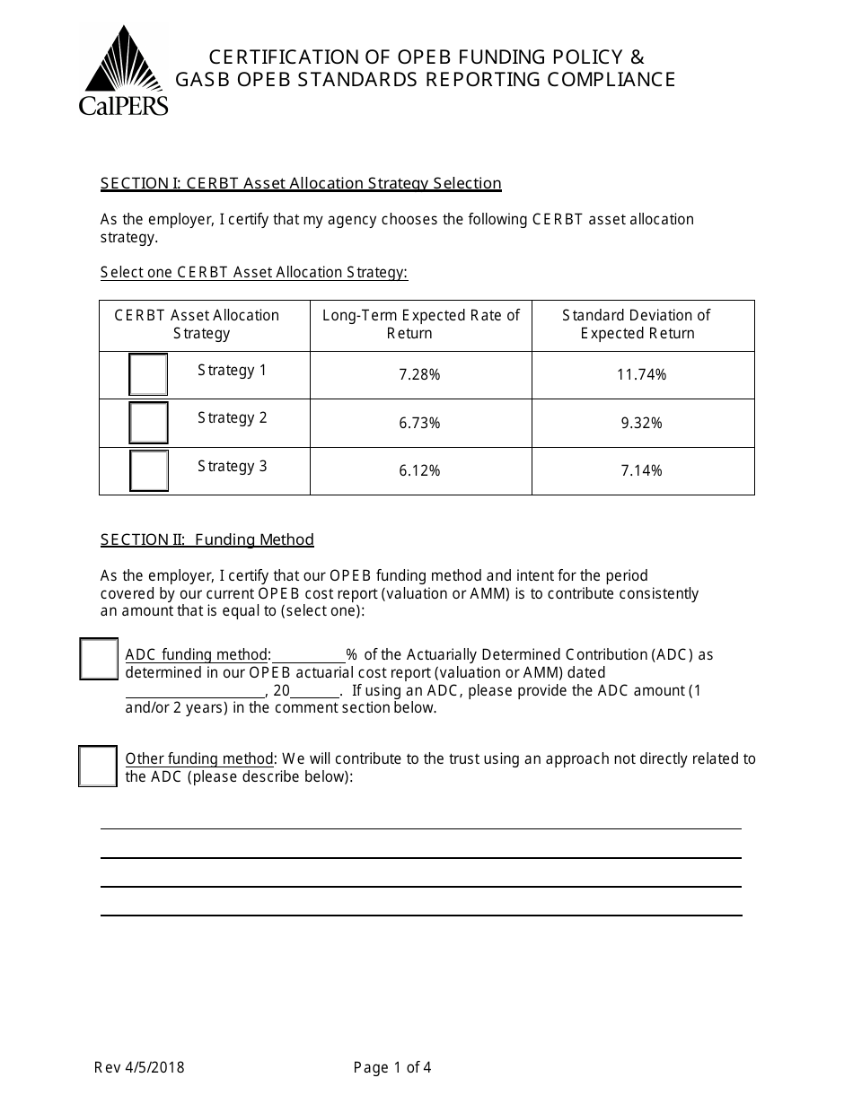 California Form for Certification of Opeb Funding Policy & Gasb Opeb ...