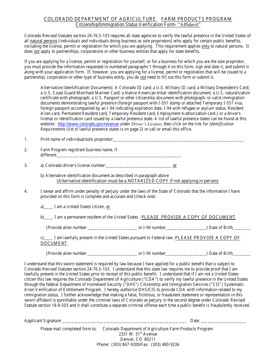 Colorado Citizenship/Immigration Status Verification Form - "affidavit ...