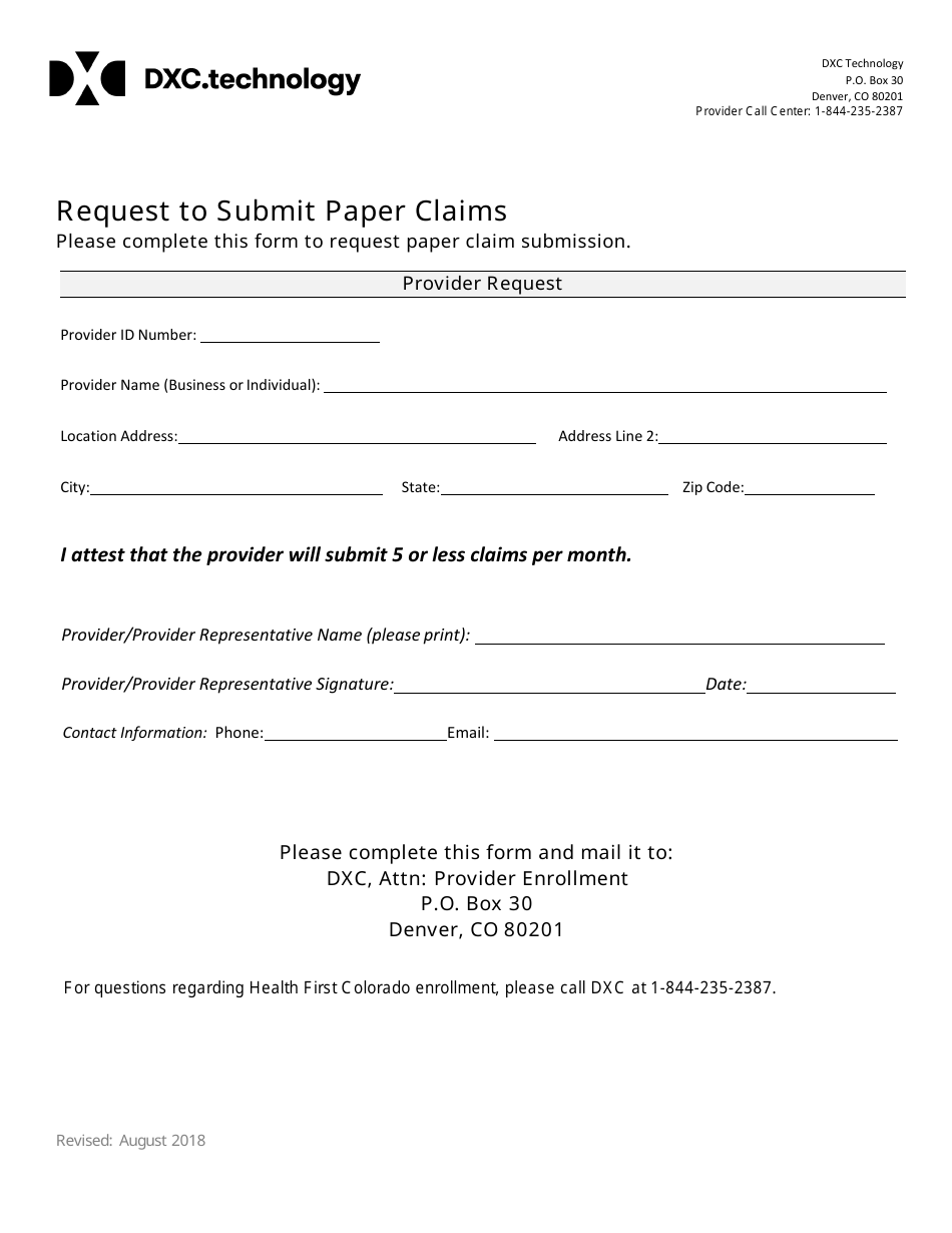 Colorado Request to Submit Paper Claims Form - Fill Out, Sign Online ...
