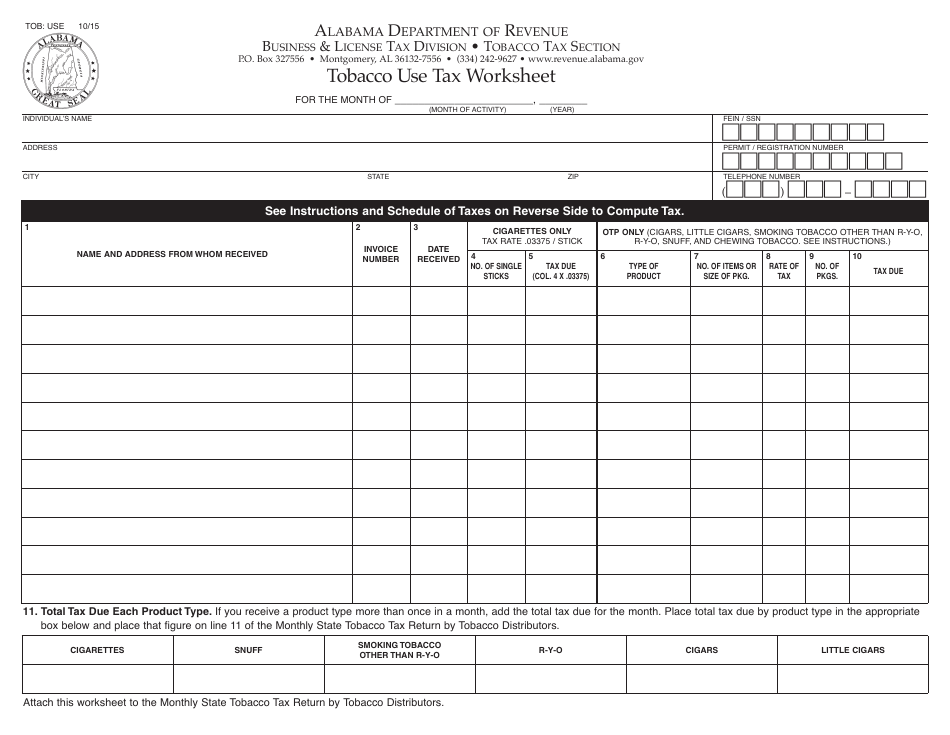 Form TOB: USE - Fill Out, Sign Online and Download Printable PDF, Alabama | Templateroller