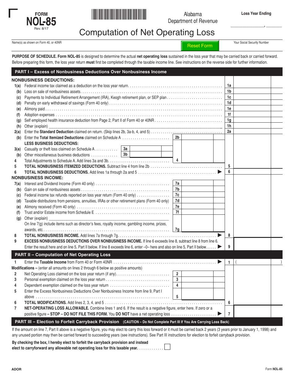 Form NOL-85 - Fill Out, Sign Online and Download Fillable PDF, Alabama ...