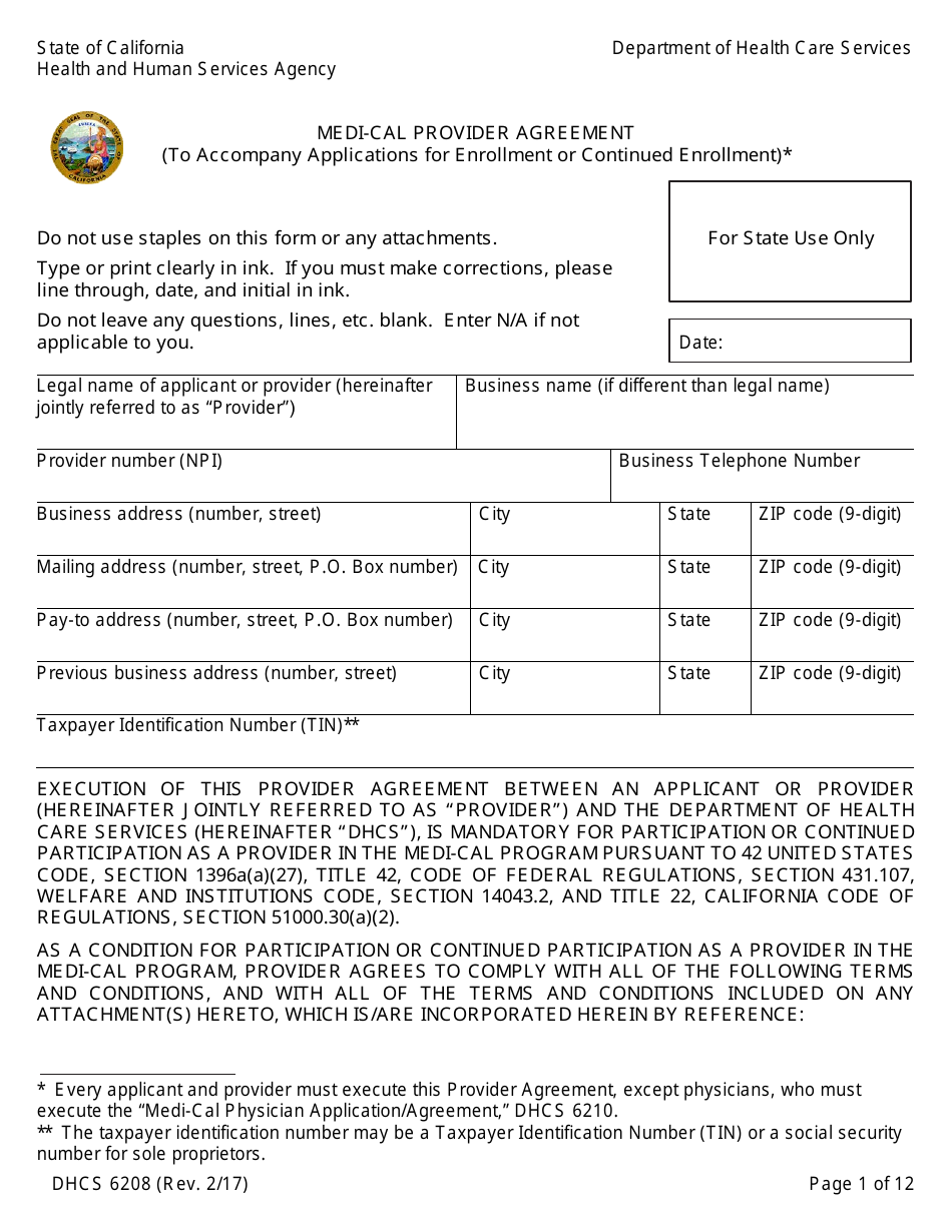 Form DHCS6208 - Fill Out, Sign Online and Download Fillable PDF ...