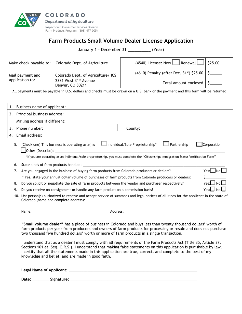 Colorado Farm Products Small Volume Dealer License Application - Fill ...