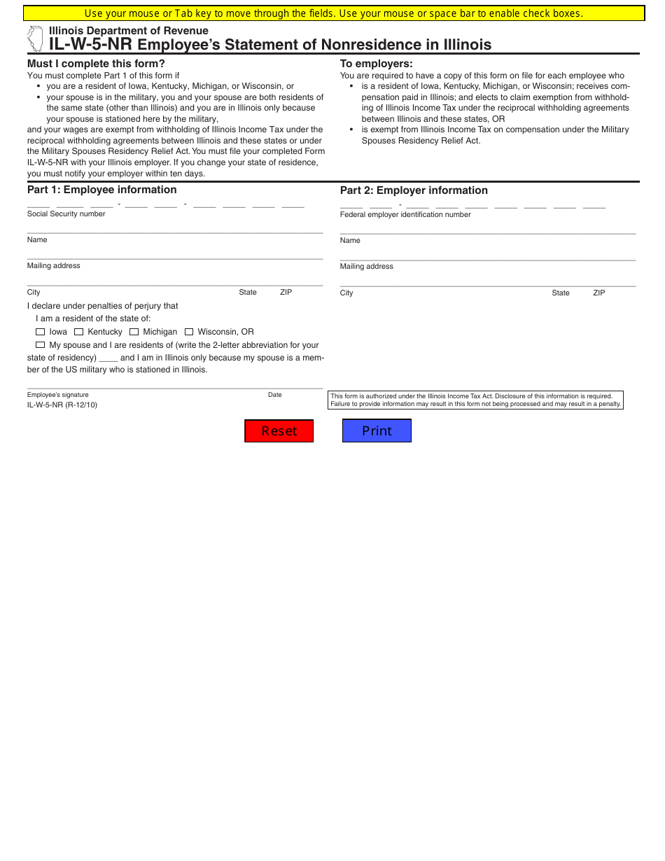 Form IL-W-5-NR - Fill Out, Sign Online and Download Fillable PDF ...