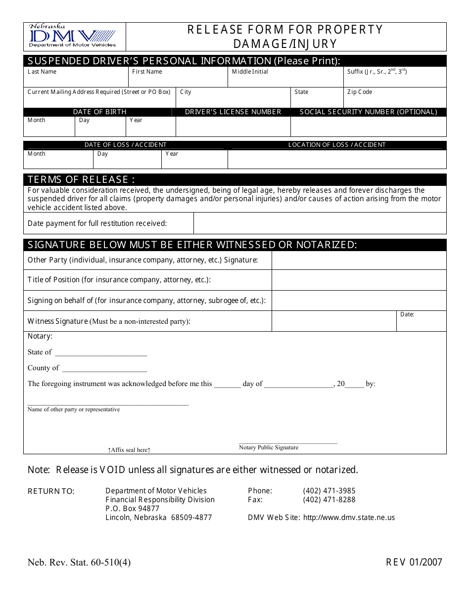 Nebraska Release Form for Property Damage/Injury - Fill Out, Sign ...
