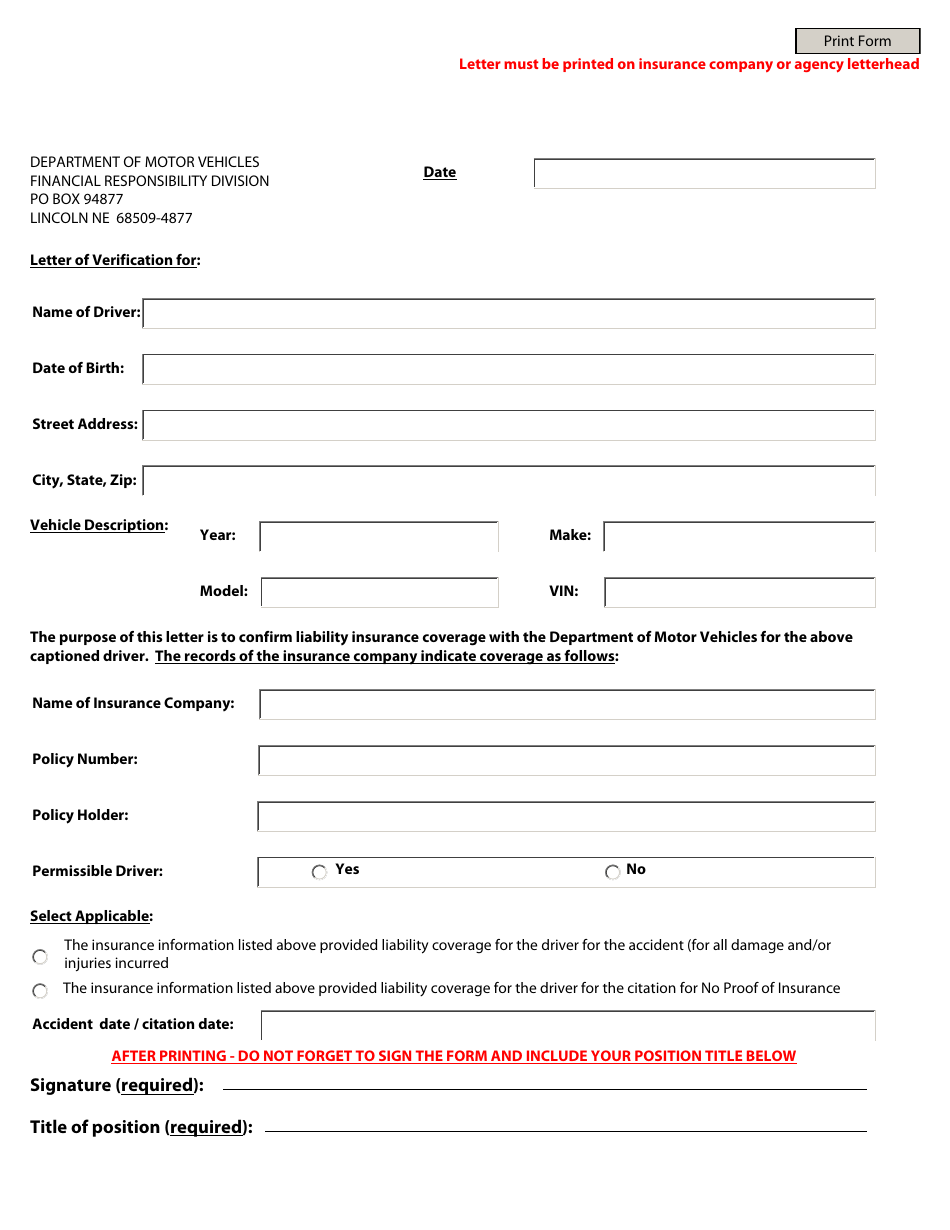 Nebraska Letter of Verification - Fill Out, Sign Online and Download ...