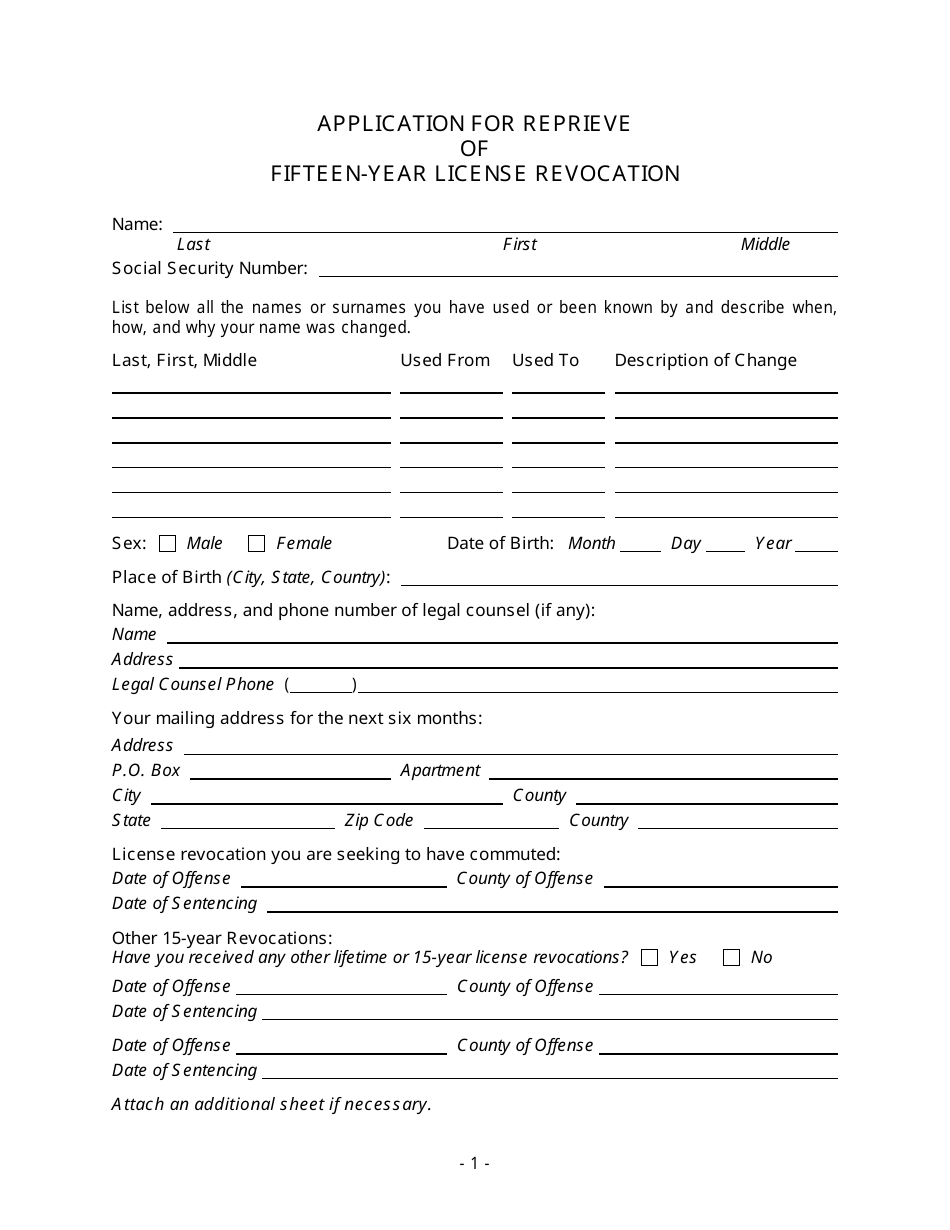 Nebraska Application for Reprieve of Fifteen-Year License Revocation ...