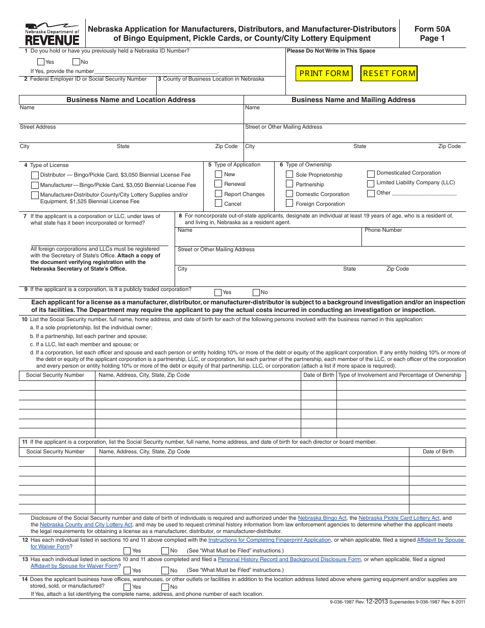 Form 50A - Fill Out, Sign Online and Download Fillable PDF, Nebraska ...