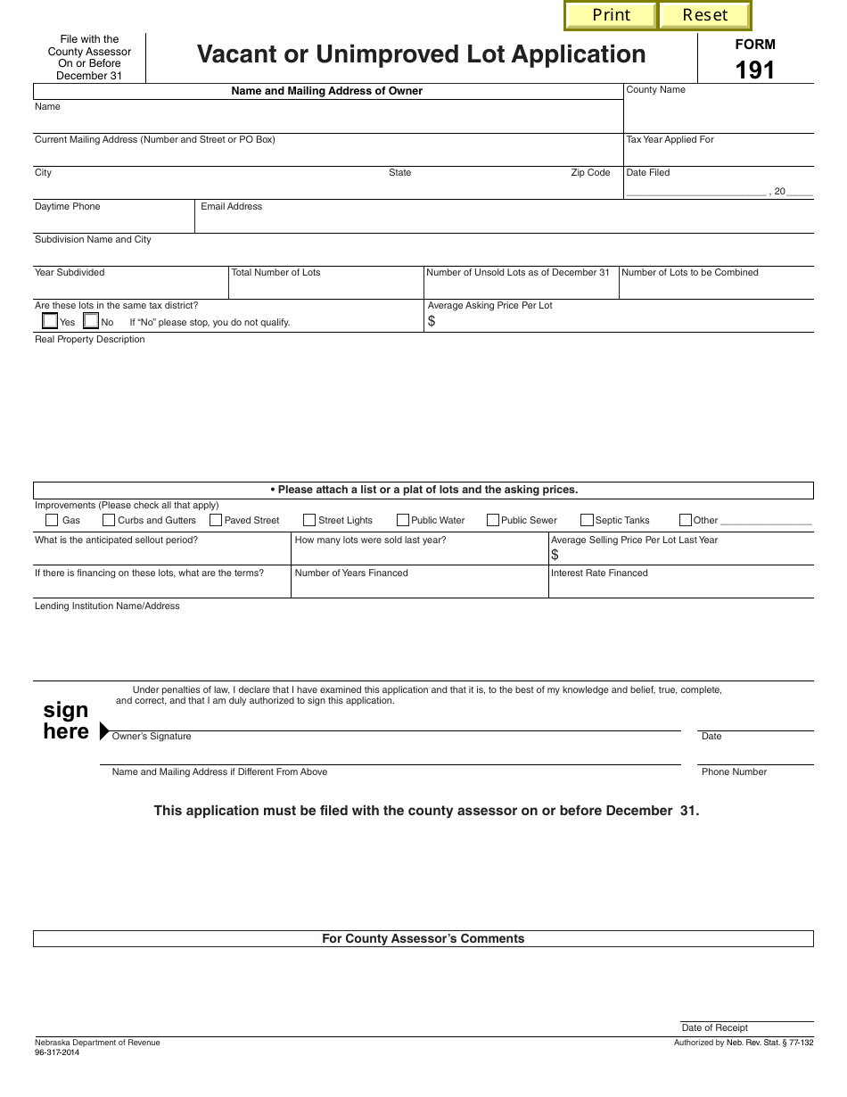 Form 191 - Fill Out, Sign Online and Download Fillable PDF, Nebraska ...