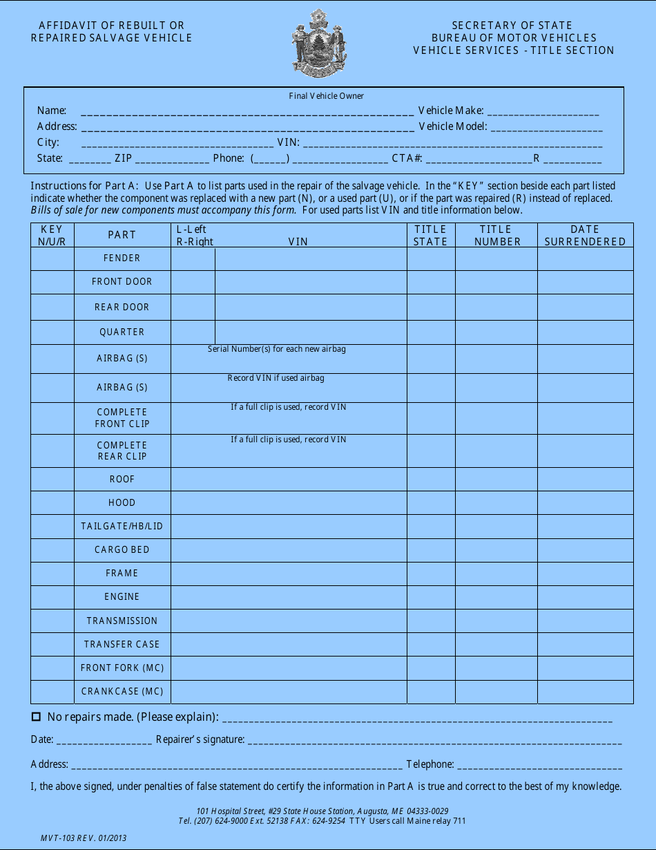 Form MVT-103 - Fill Out, Sign Online and Download Fillable PDF, Maine ...