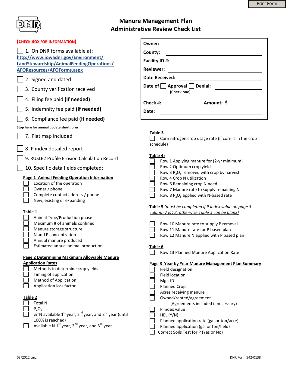 DNR Form 542-0138 Download Fillable PDF or Fill Online Manure ...