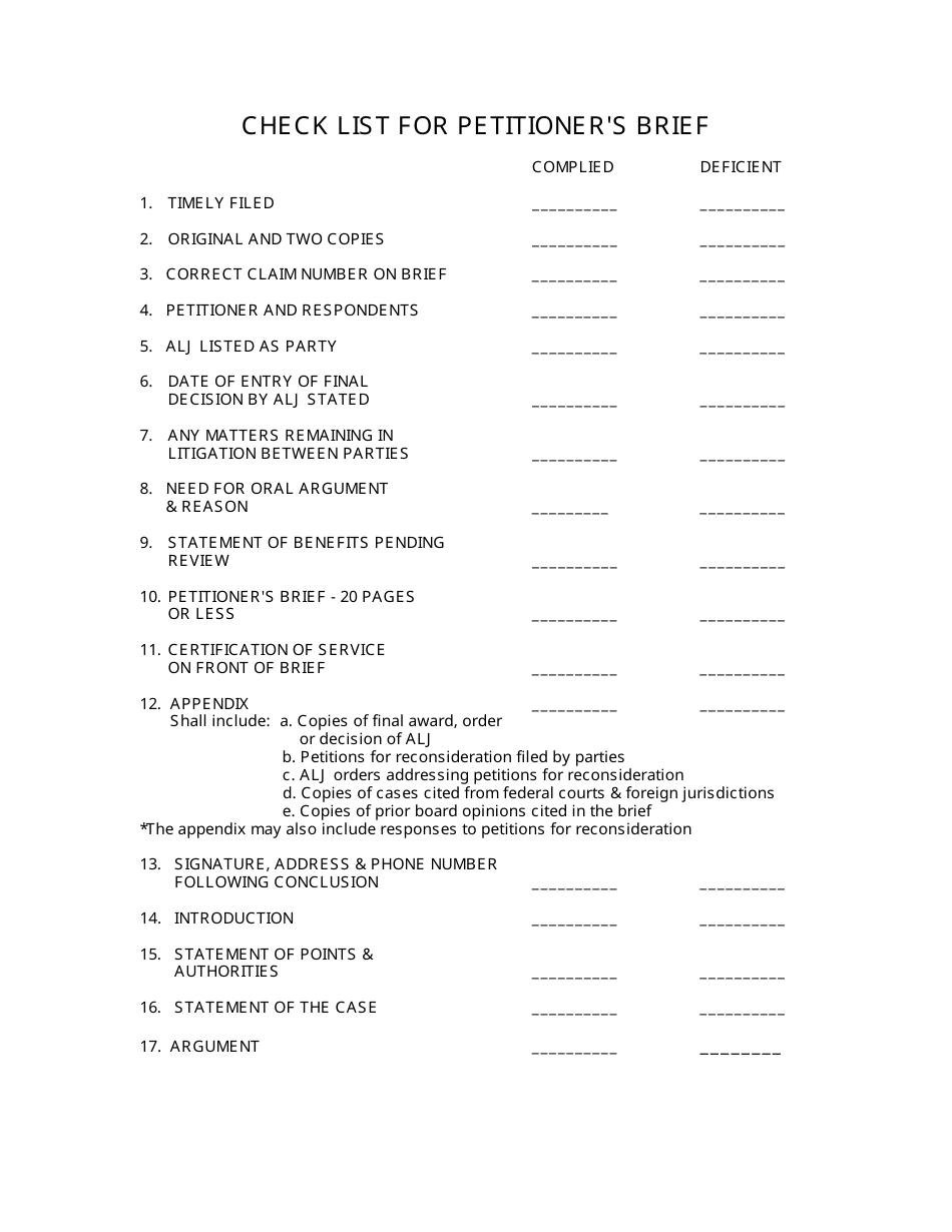 Kentucky Check List for Petitioner's Brief - Fill Out, Sign Online and ...