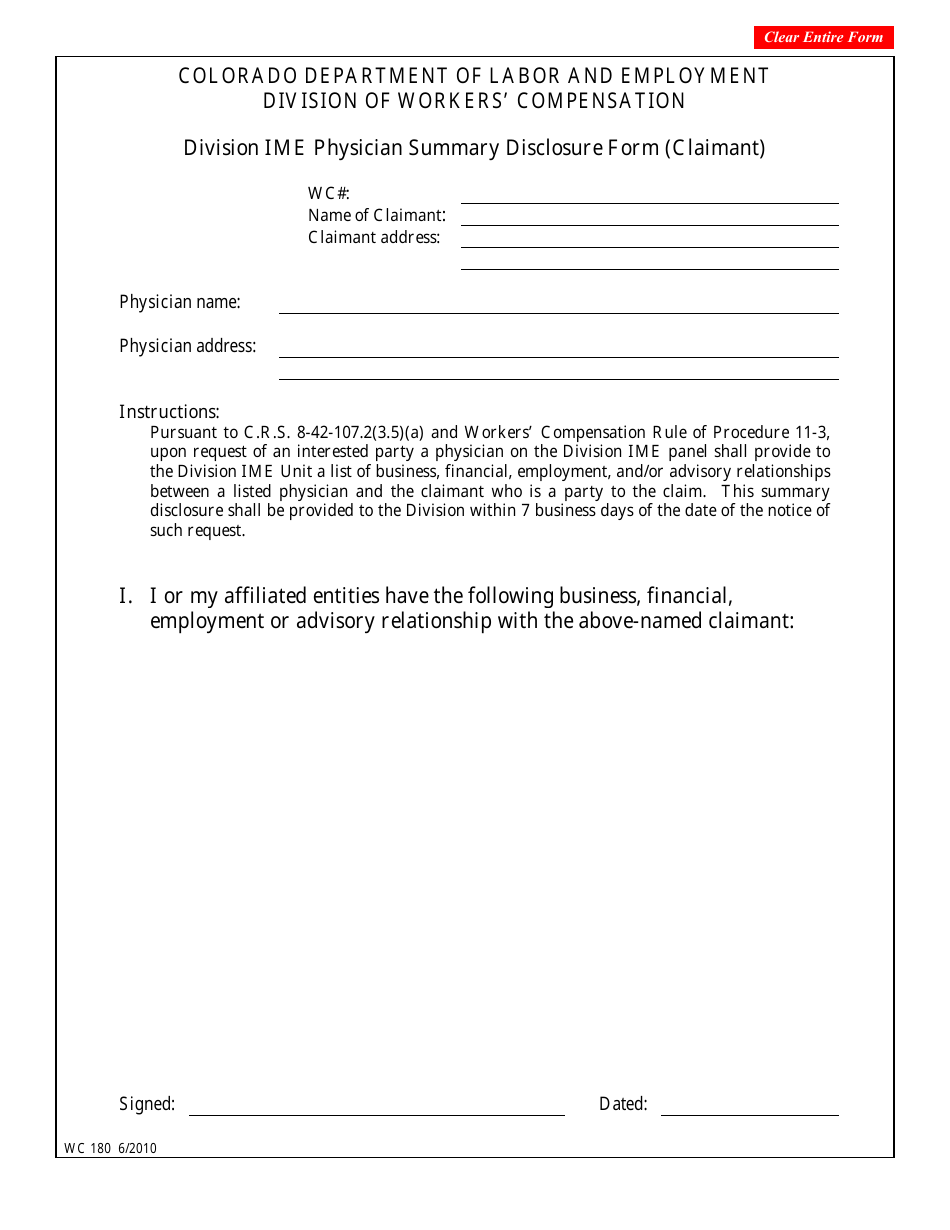 Form WC180 - Fill Out, Sign Online and Download Fillable PDF, Colorado ...