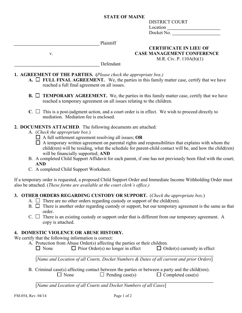 Form FM-054 - Fill Out, Sign Online and Download Fillable PDF, Maine ...