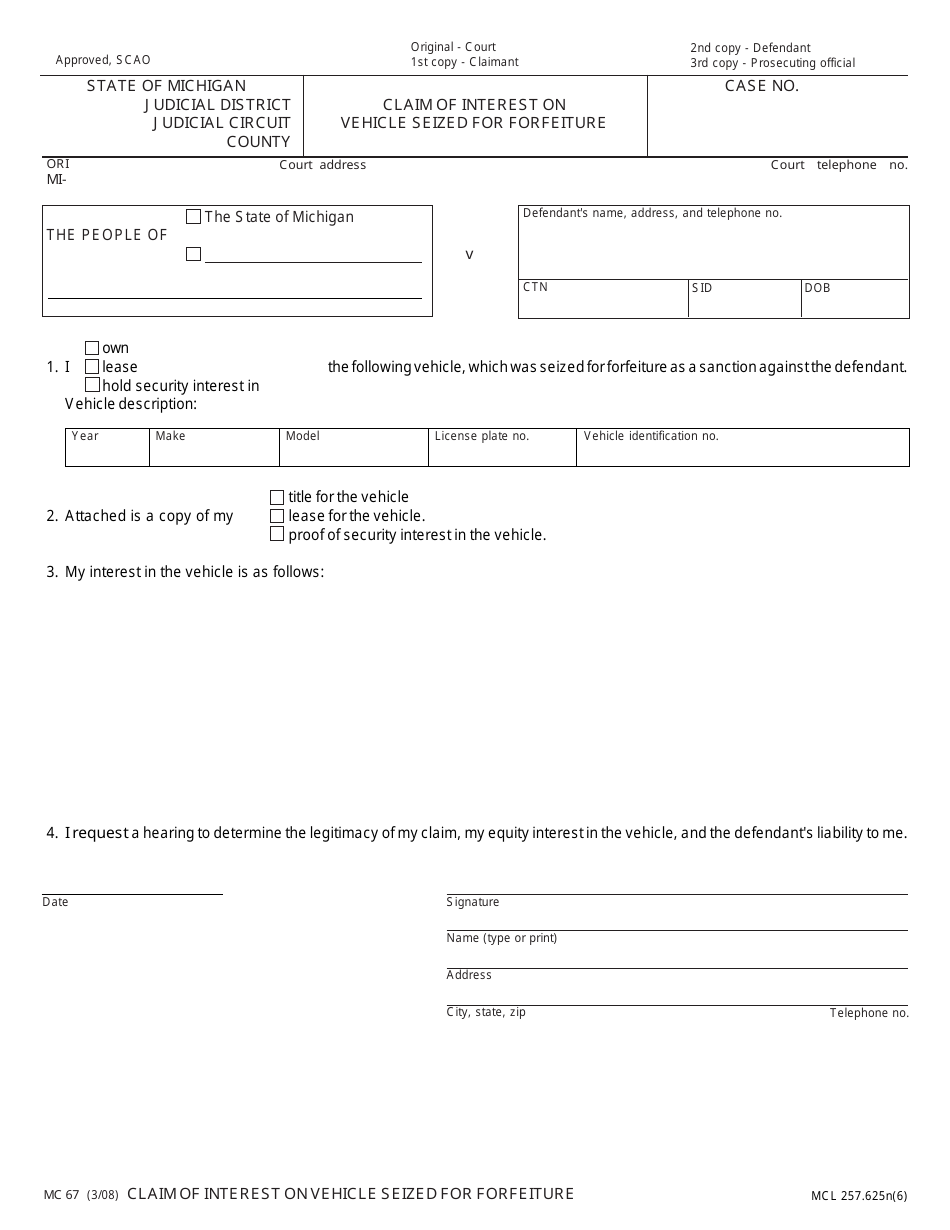 Form MC67 - Fill Out, Sign Online and Download Fillable PDF, Michigan ...