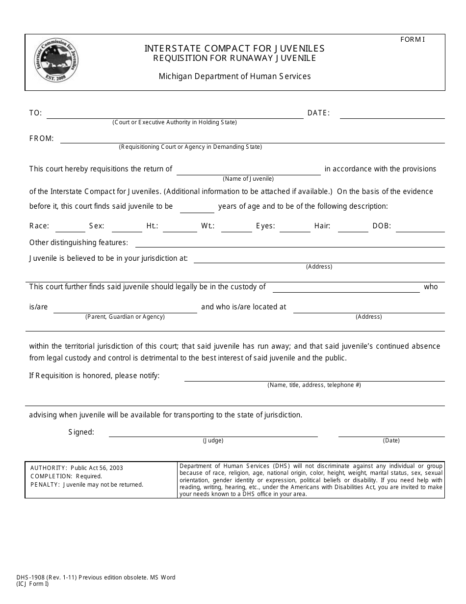 Form DHS-1908 (ICJ Form I) - Fill Out, Sign Online and Download ...