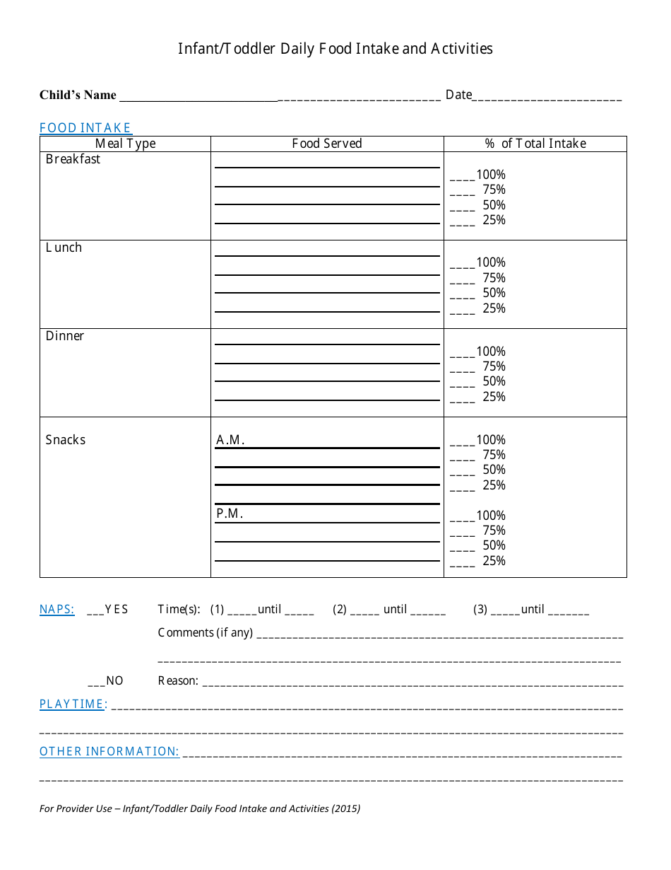 Maryland Infant/Toddler Daily Food Intake and Activities - Fill Out ...