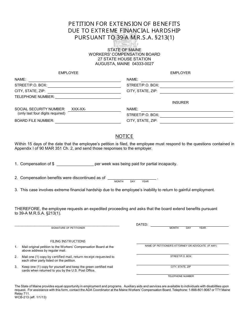 Form WCB-213 - Fill Out, Sign Online and Download Fillable PDF, Maine ...