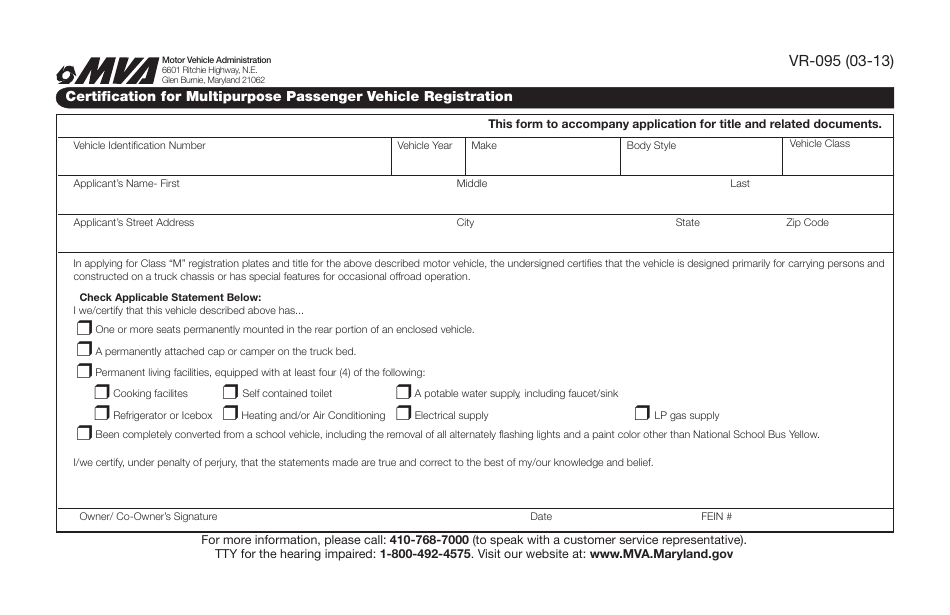 Form VR-095 - Fill Out, Sign Online and Download Fillable PDF, Maryland ...