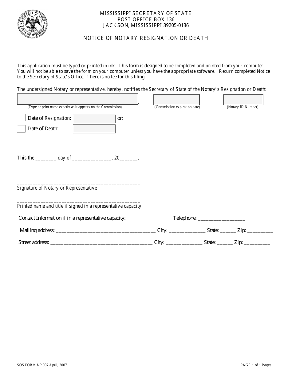 SOS Form NP007 - Fill Out, Sign Online and Download Fillable PDF ...