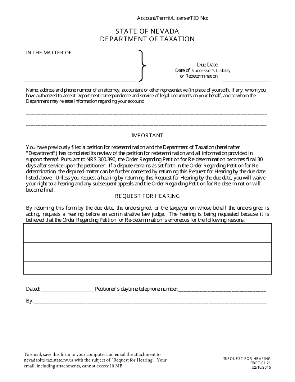 Form DET-01.21 Download Fillable PDF or Fill Online Request for Hearing ...