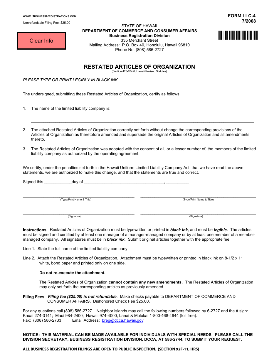 Form LLC-4 - Fill Out, Sign Online and Download Fillable PDF, Hawaii ...