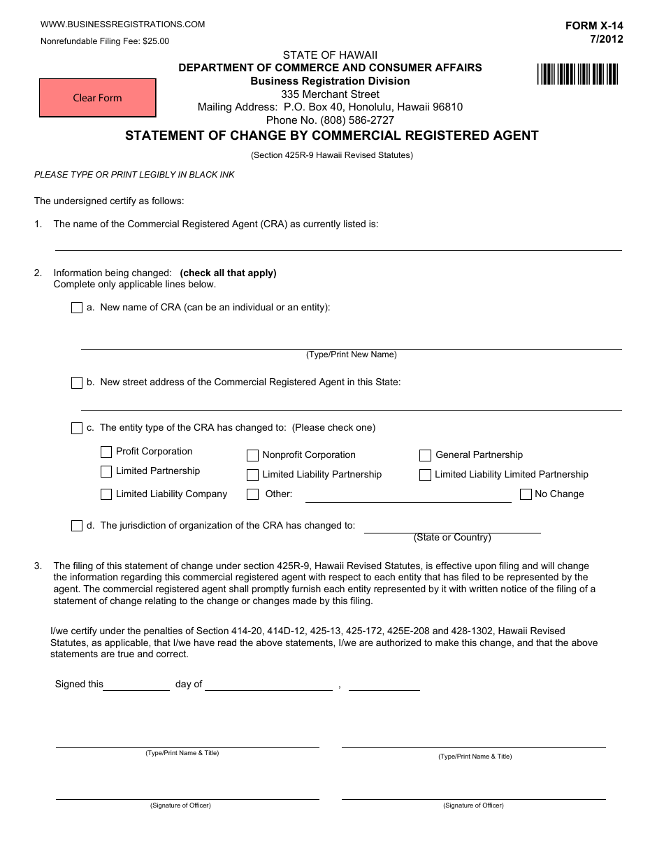 Form X-14 - Fill Out, Sign Online and Download Fillable PDF, Hawaii ...