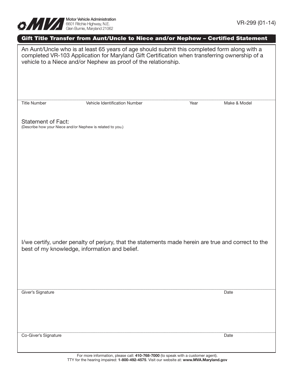 Form VR-299 - Fill Out, Sign Online and Download Fillable PDF, Maryland ...