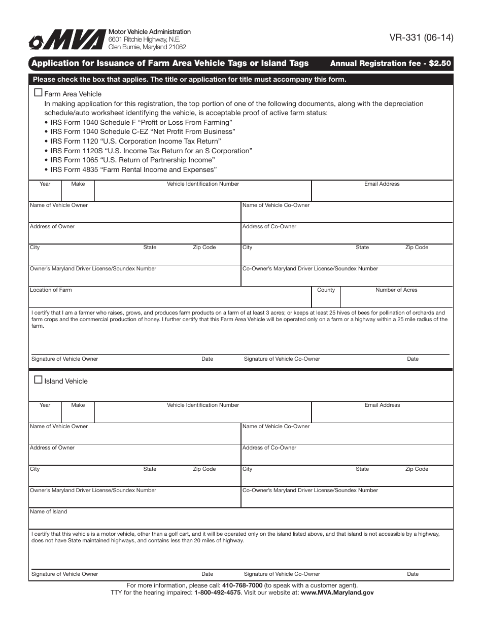 Form VR-331 - Fill Out, Sign Online and Download Fillable PDF, Maryland ...