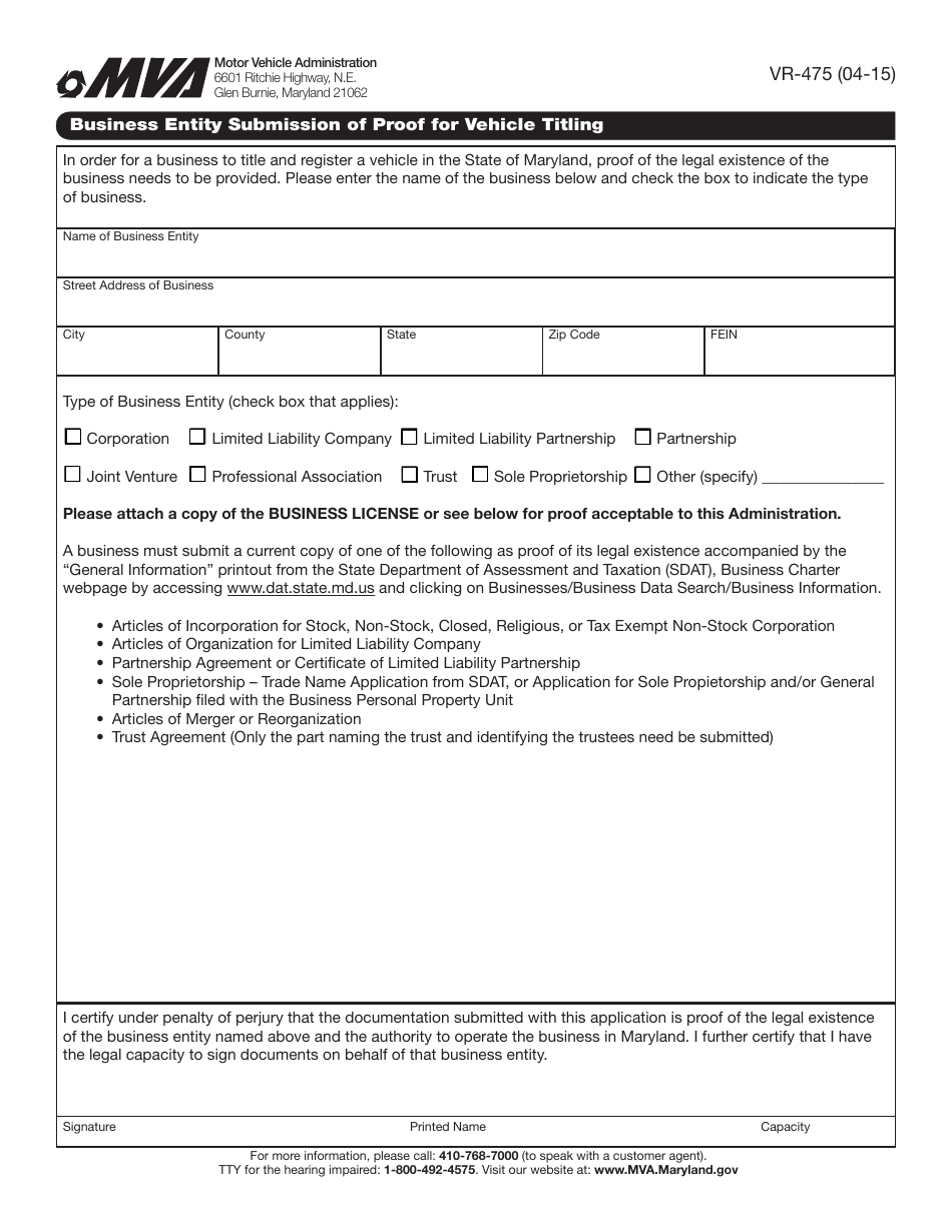 Form VR-475 - Fill Out, Sign Online and Download Fillable PDF, Maryland ...