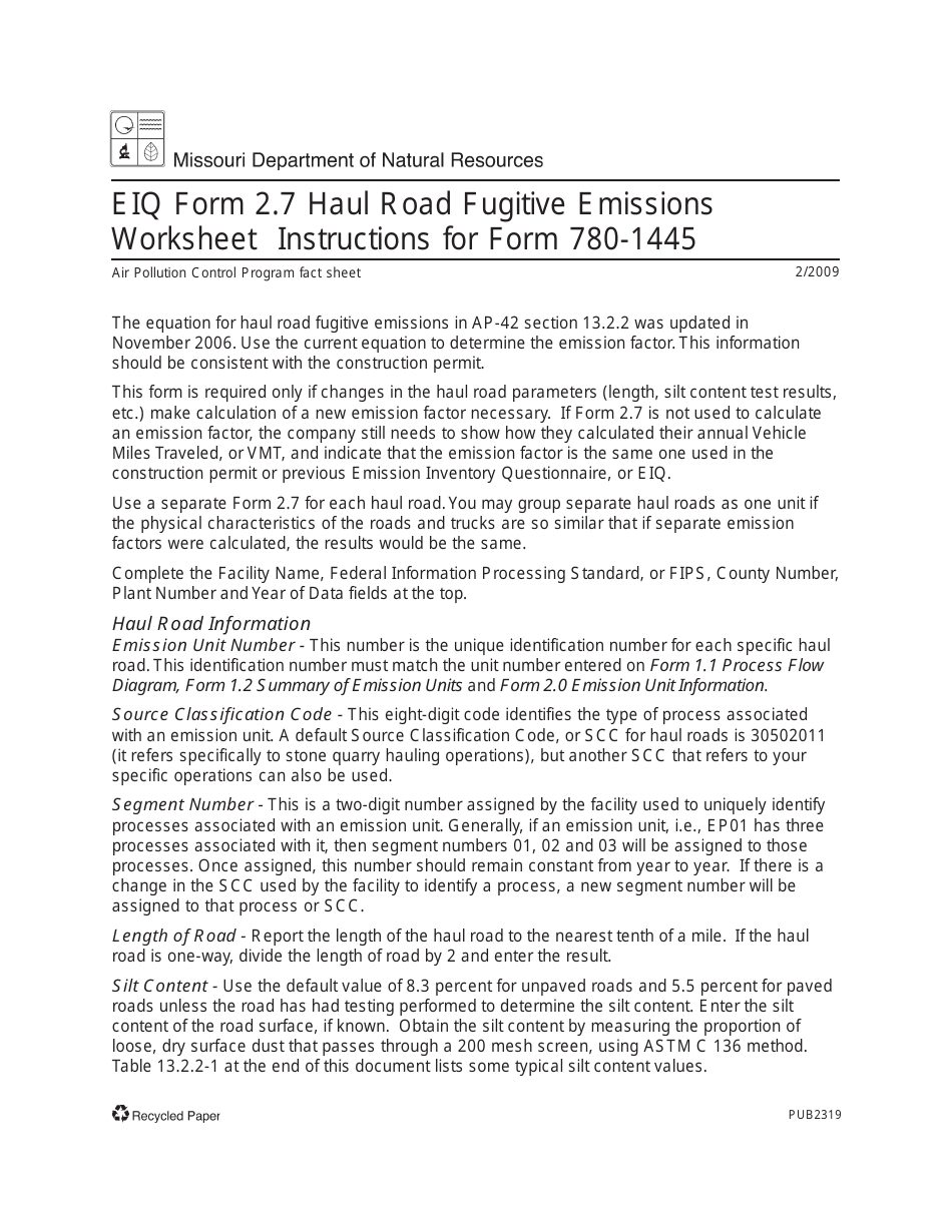 Download Instructions for EIQ Form 2.7, MO780-1445 Haul Road Fugitive ...