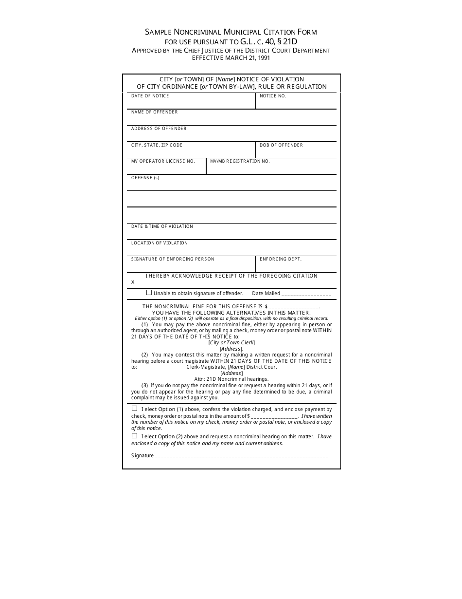 Massachusetts Noncriminal Municipal Citation Form for Use Pursuant to G ...