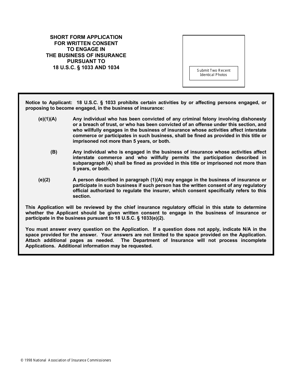 Short Form Application for Written Consent to Engage in the Business of ...