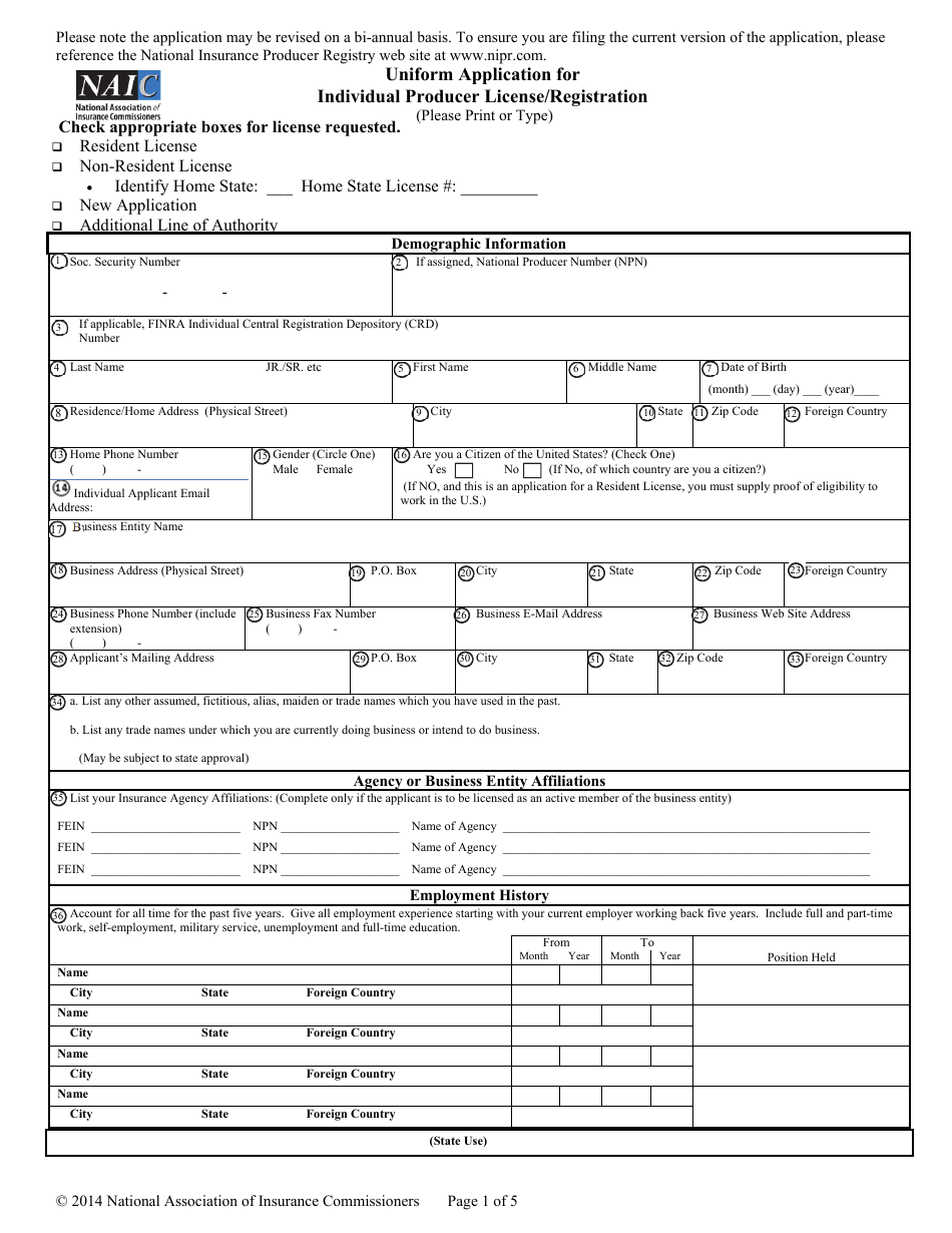 Uniform Application for Individual Producer License/Registration - Fill ...