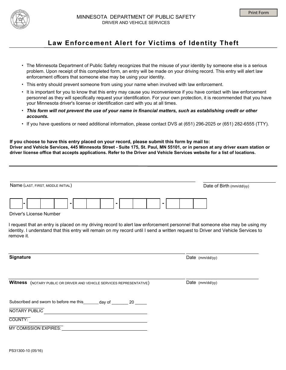 Form PS31300-10 - Fill Out, Sign Online and Download Fillable PDF ...