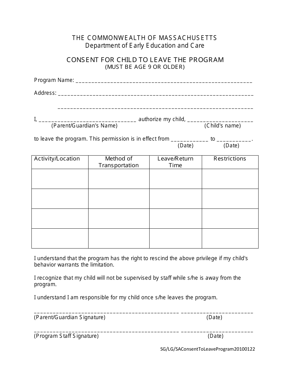 Massachusetts Consent for Child to Leave the Program - Fill Out, Sign ...