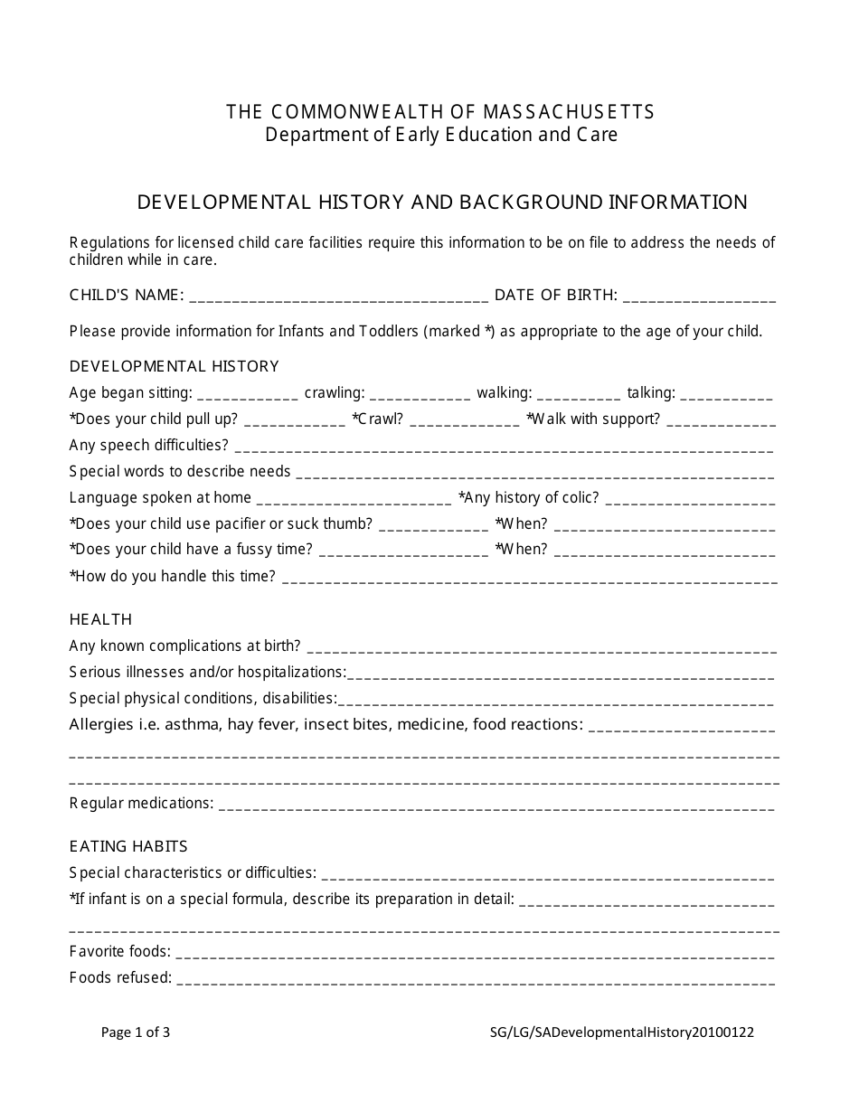 Massachusetts Developmental History and Background Information - Fill ...