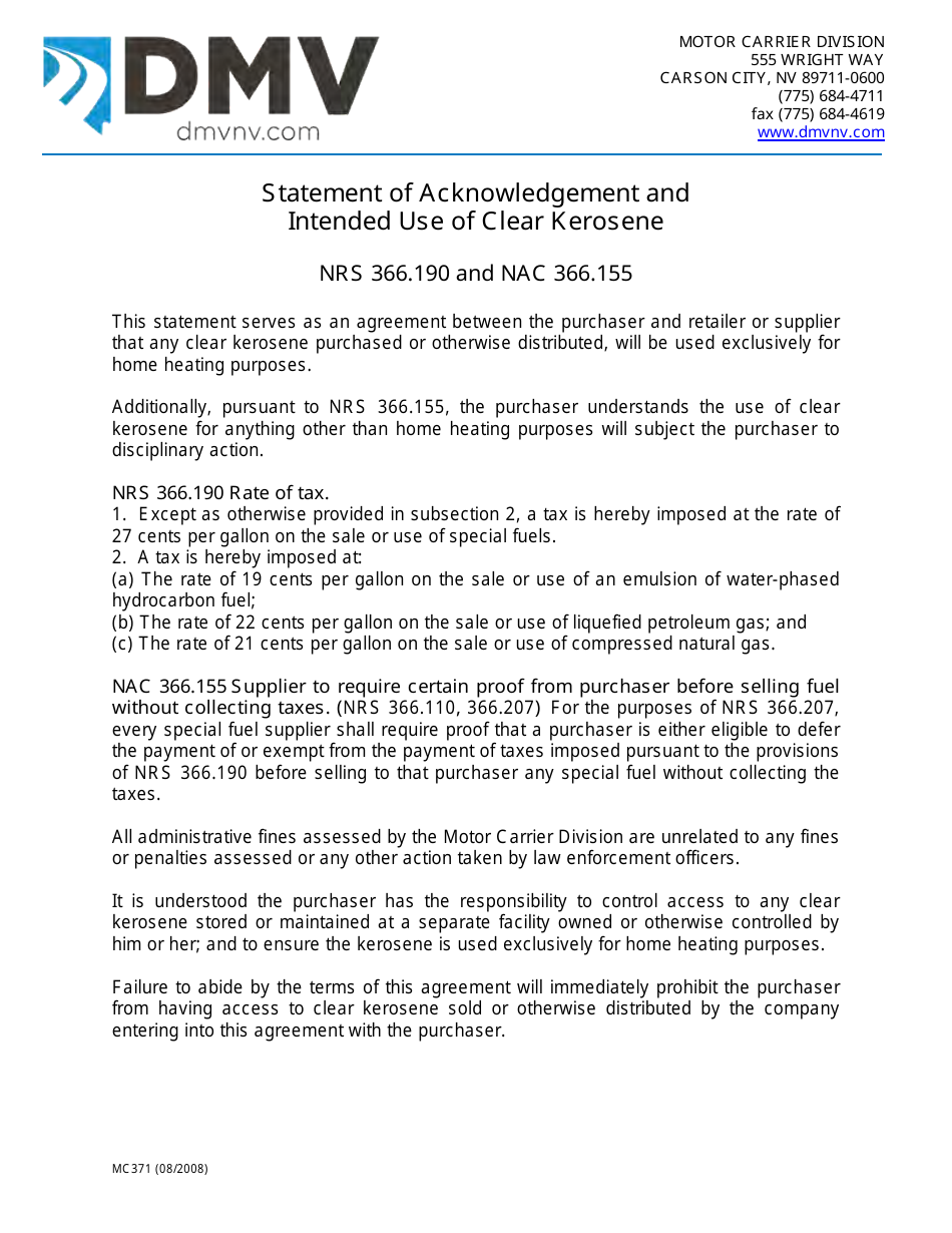 Form MC371 - Fill Out, Sign Online and Download Fillable PDF, Nevada ...